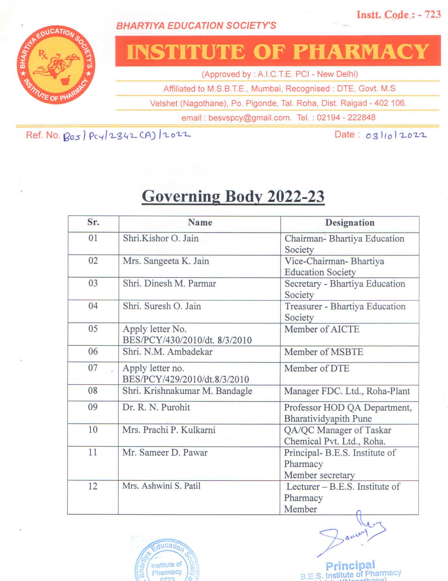 Governing Body – BES Institute College of Pharmacy